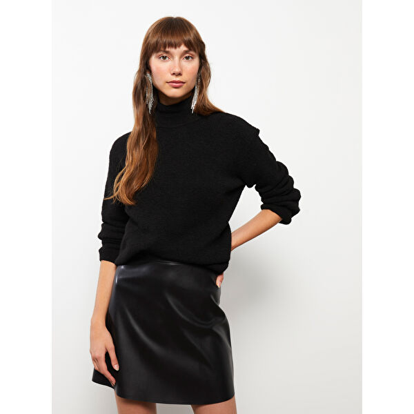 Yarım Balıkçı Yaka Düz Uzun Kollu Kadın Triko Kazak