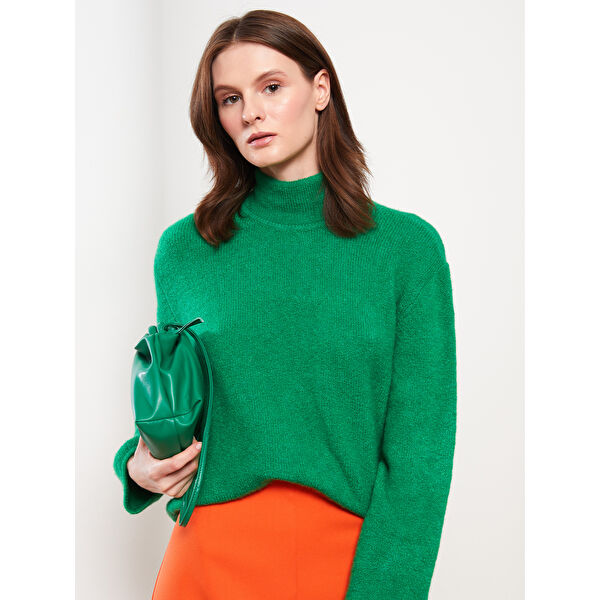 Yarım Balıkçı Yaka Düz Uzun Kollu Kadın Triko Kazak