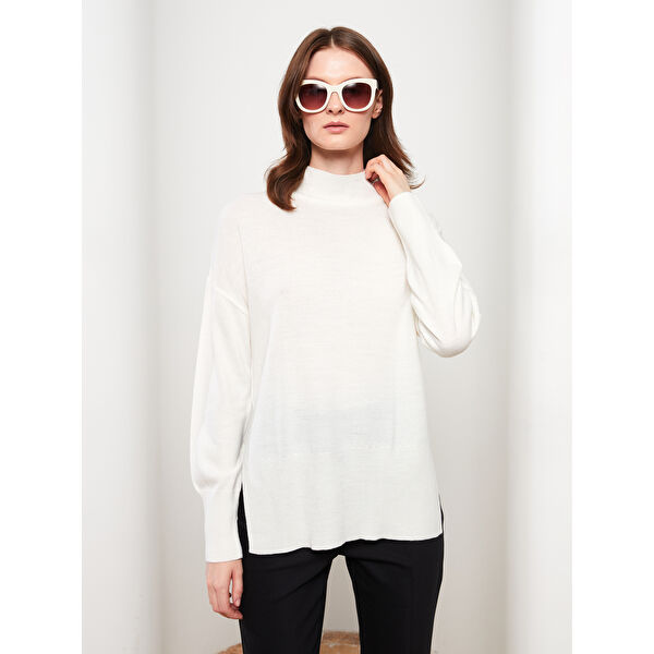 Yarım Balıkçı Yaka Düz Uzun Kollu Kadın Triko Kazak