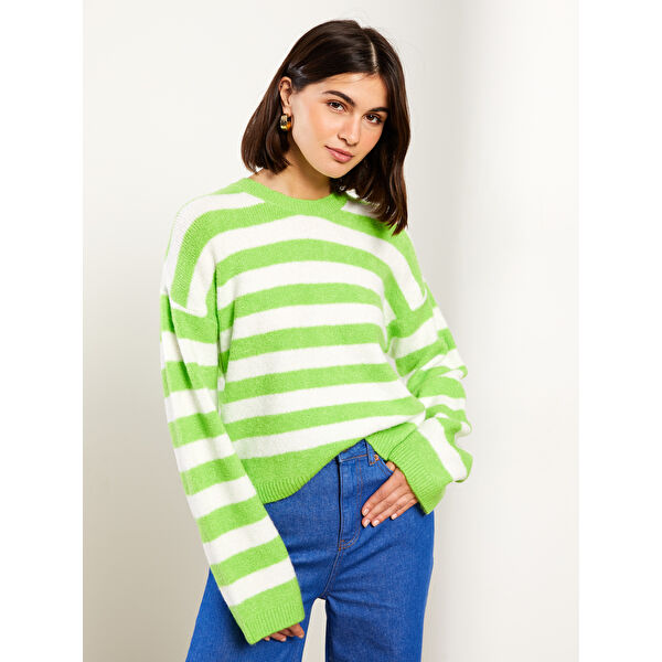 Bisiklet Yaka Çizgili Uzun Kollu Kadın Triko Kazak Bisiklet Yaka Çizgili Uzun Kollu Kadın Triko Kazak