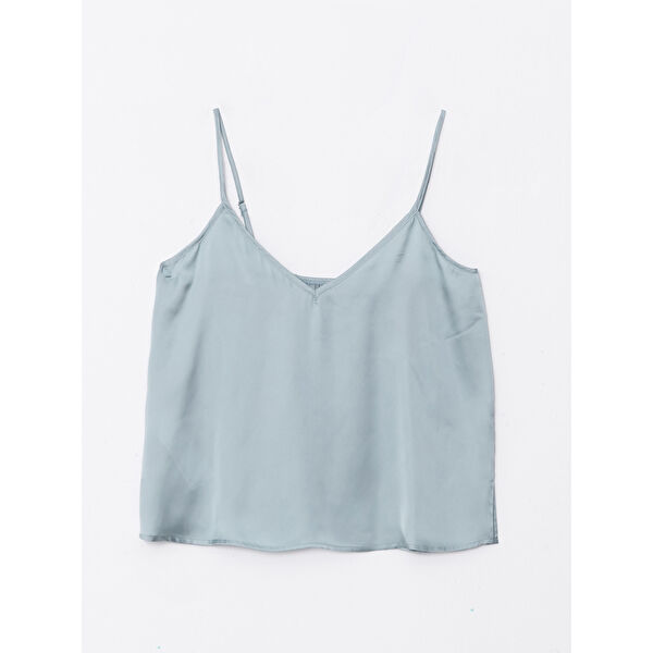 V Yaka Düz Askılı Saten Kadın Pijama Üst