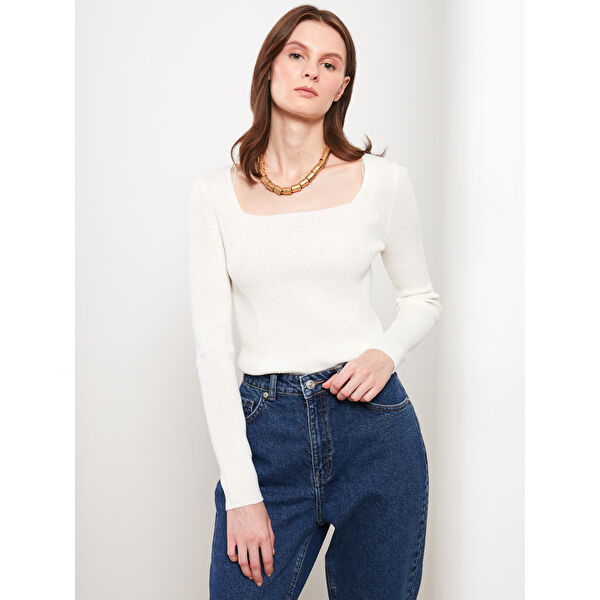 Kare Yaka Düz Uzun Kollu Kadın Triko Kazak Kare Yaka Düz Uzun Kollu Kadın Triko Kazak