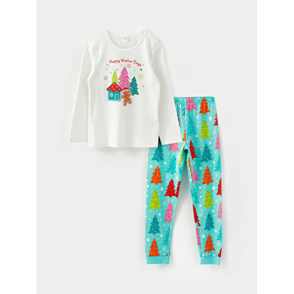 Bisiklet Yaka Yılbaşı Temalı Uzun Kollu Kız Çocuk Pijama Takımı