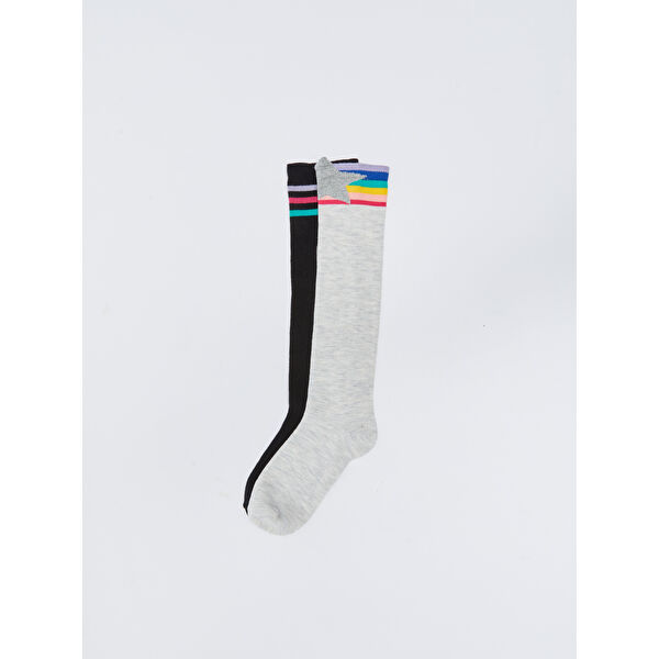 Desenli Kız Çocuk Diz Altı Çorap 2'li