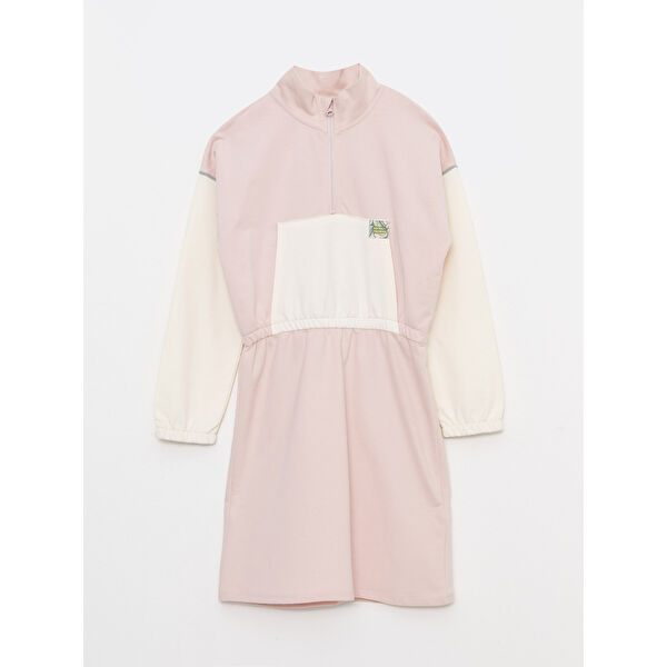 Dik Yaka Renk Bloklu Uzun Kollu Kız Çocuk Elbise