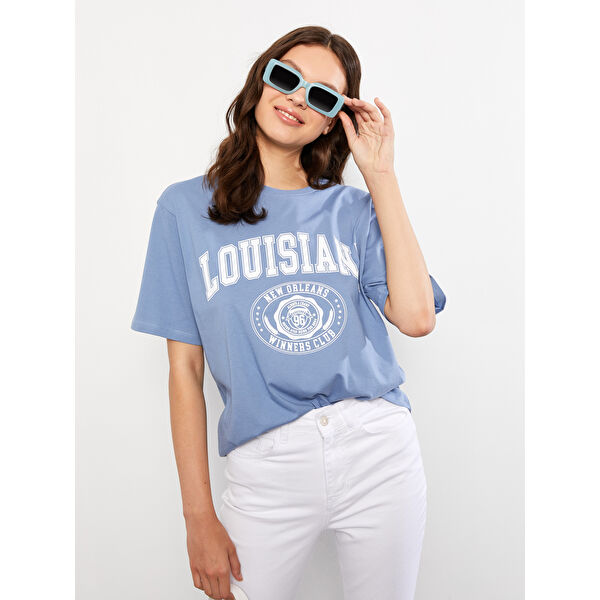 Bisiklet Yaka Baskılı Kısa Kollu Pamuklu Kadın Tişört