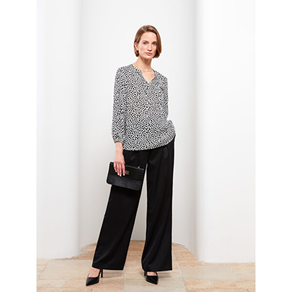 Bağlamalı Yaka Desenli Uzun Kollu Viskon Kadın Bluz