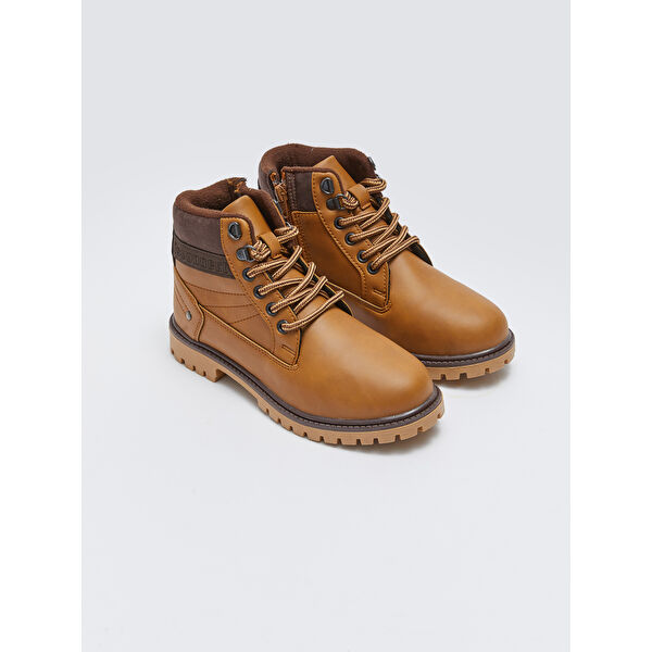 Deri Görünümlü Bağcık ve Fermuarlı Erkek Çocuk Bot