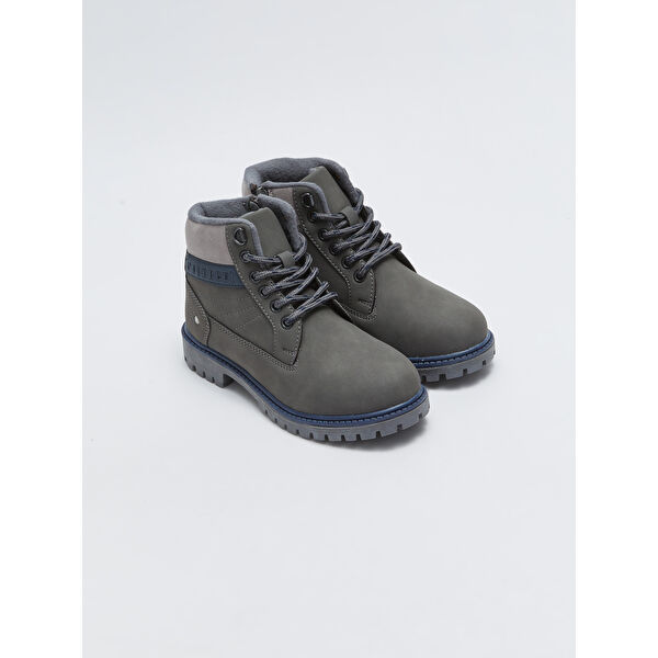 Deri Görünümlü Bağcık ve Fermuarlı Erkek Çocuk Bot