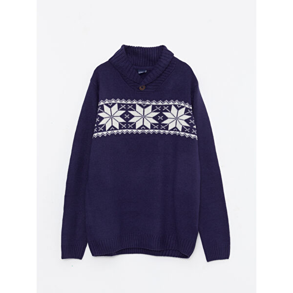 Şal Yaka Desenli Uzun Kollu Erkek Çocuk Triko Kazak