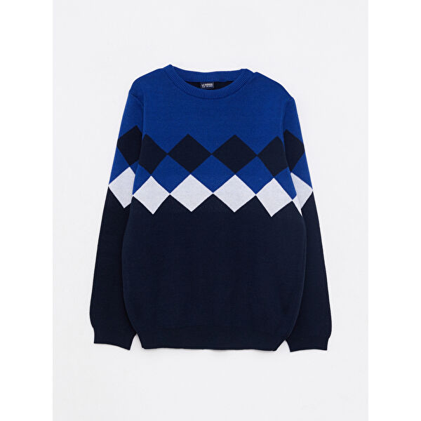 Bisiklet Yaka Desenli Uzun Kollu Erkek Çocuk Triko Kazak