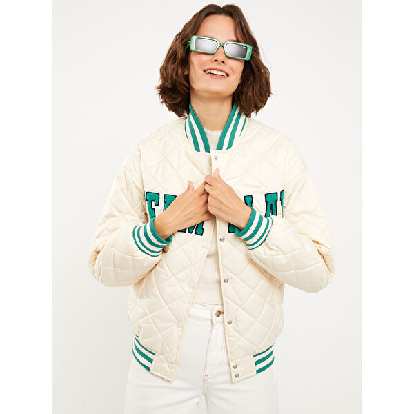 Dik Yaka Nakışlı Uzun Kollu Kadın Mont