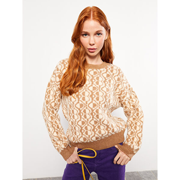 Bisiklet Yaka Desenli Uzun Kollu Kadın Triko Kazak