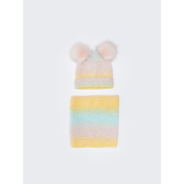 Çift Ponponlu Renk Bloklu Kız Çocuk Bere Ve Boyunluk Çift Ponponlu Renk Bloklu Kız Çocuk Bere Ve Boyunluk