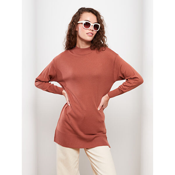 Yarım Balıkçı Yaka Düz Uzun Kollu Kadın Triko Tunik