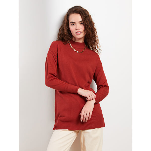 Yarım Balıkçı Yaka Düz Uzun Kollu Kadın Triko Tunik