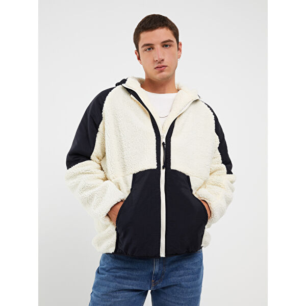 Kapüşonlu Uzun Kollu Pelüş Erkek Mont