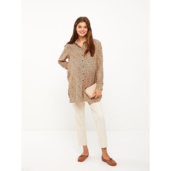 Gömlek Yaka Desenli Uzun Kollu Gabardin Hamile Tunik