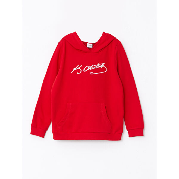 Kapüşonlu Atatürk İmza Baskılı Uzun Kollu Kız Çocuk Sweatshirt Kapüşonlu Atatürk İmza Baskılı Uzun Kollu Kız Çocuk Sweatshirt