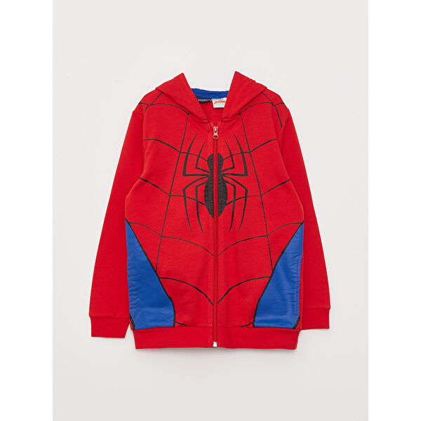 Kapüşonlu Spiderman Baskılı Uzun Kollu Erkek Çocuk Fermuarlı Sweatshirt