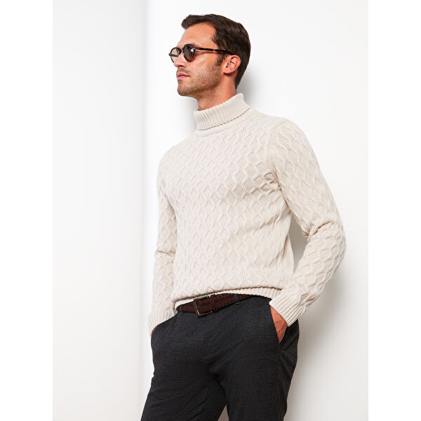 Balıkçı Yaka Uzun Kollu Kendinden Desenli Erkek Triko Kazak Balıkçı Yaka Uzun Kollu Kendinden Desenli Erkek Triko Kazak