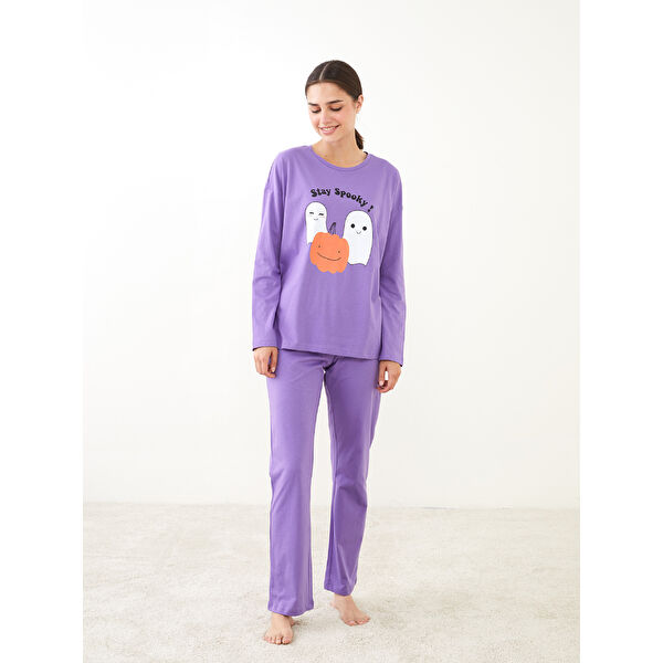 Bisiklet Yaka Baskılı Uzun Kollu Pamuklu Kadın Pijama Takımı Bisiklet Yaka Baskılı Uzun Kollu Pamuklu Kadın Pijama Takımı