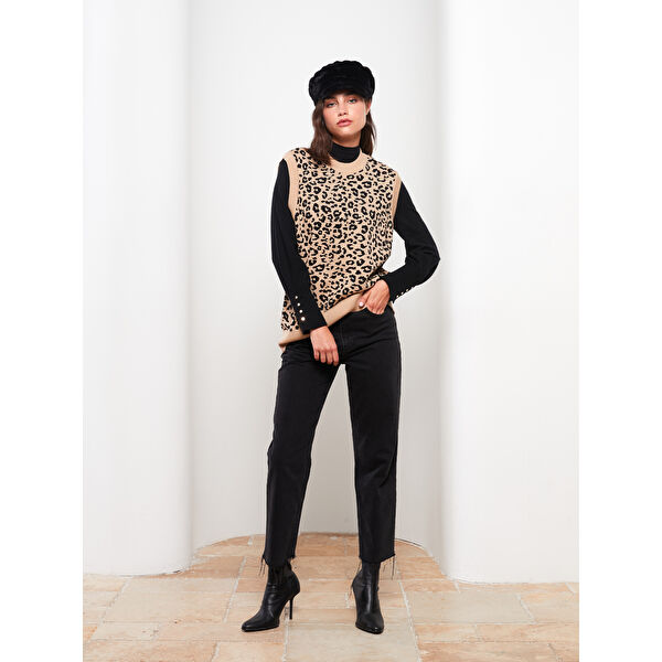 Bisiklet Yaka Desenli Kadın Triko Süveter