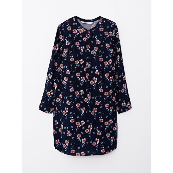 Bisiklet Yaka Çiçekli Uzun Kollu Viskon Kadın Tunik