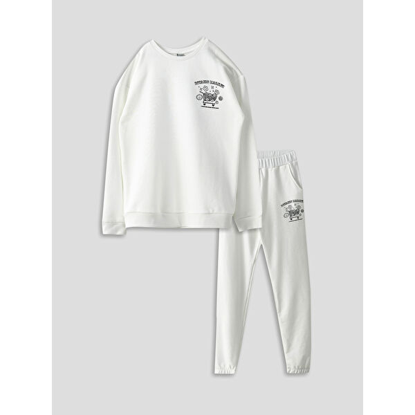 Bisiklet Yaka Baskılı Uzun Kollu Kız Çocuk Sweatshirt ve Eşofman Altı