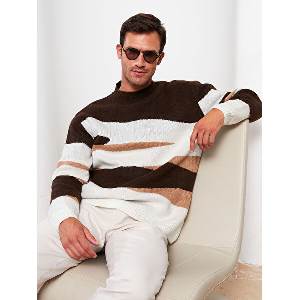 Bisiklet Yaka Uzun Kollu Renk Bloklu Erkek Triko Kazak