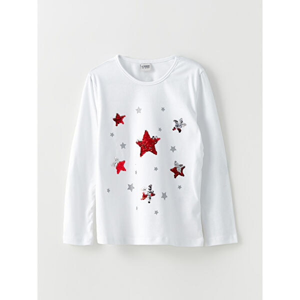 Bisiklet Yaka Baskılı Çift Yönlü Payetli Uzun Kollu Pamuklu Kız Çocuk Tişört