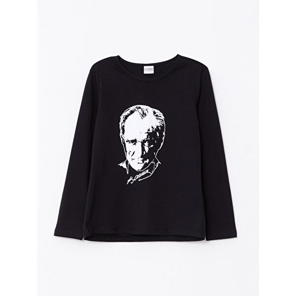 Bisiklet Yaka Atatürk Baskılı Uzun Kollu Pamuklu Kız Çocuk Tişört Bisiklet Yaka Atatürk Baskılı Uzun Kollu Pamuklu Kız Çocuk Tişört