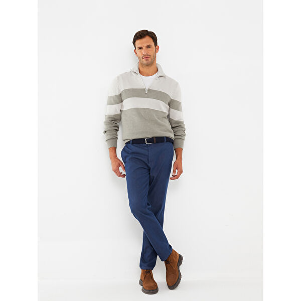 Dik Yaka Uzun Kollu Renk Bloklu Erkek Triko Kazak