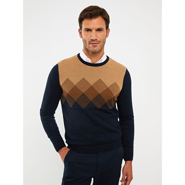 Bisiklet Yaka Uzun Kollu Desenli Erkek Triko Kazak