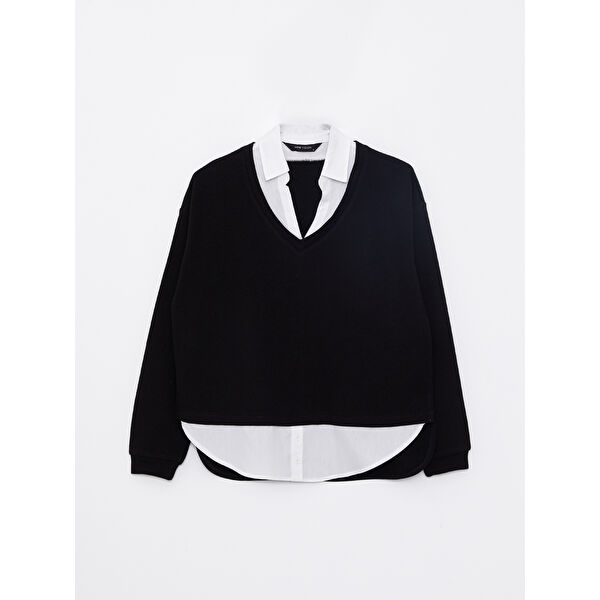 Gömlek Yaka Düz Uzun Kollu Kadın Sweatshirt