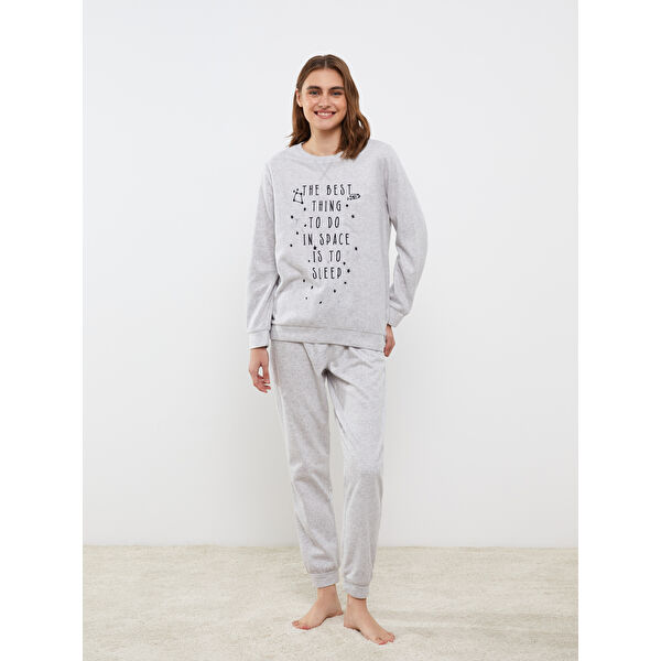 Bisiklet Yaka Baskılı Uzun Kollu Polar Kadın Pijama Takımı