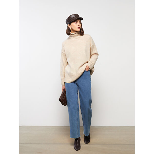 Balıkçı Yaka Düz Uzun Kollu Kadın Triko Kazak