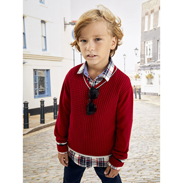 V Yaka Kendinden Desenli Uzun Kollu Erkek Çocuk Triko Kazak