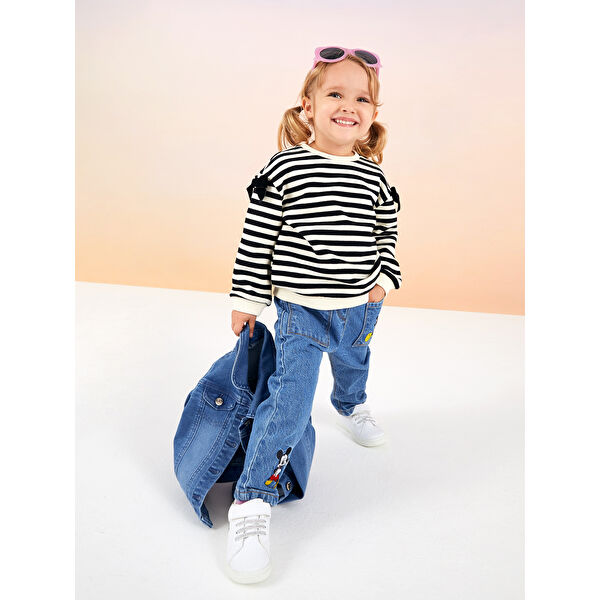 Beli Lastikli Mickey Mouse Nakış Detaylı Kız Bebek Jean Pantolon Beli Lastikli Mickey Mouse Nakış Detaylı Kız Bebek Jean Pantolon