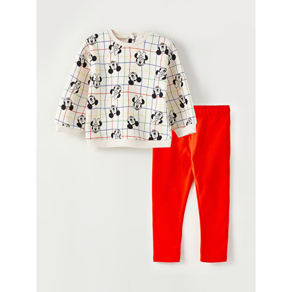 Bisiklet Yaka Uzun Kollu Minnie ve Mickey Mouse Baskılı Kız Bebek Sweatshirt ve Tayt 2'li Takım Bisiklet Yaka Uzun Kollu Minnie ve Mickey Mouse Baskılı Kız Bebek Sweatshirt ve Tayt 2'li Takım