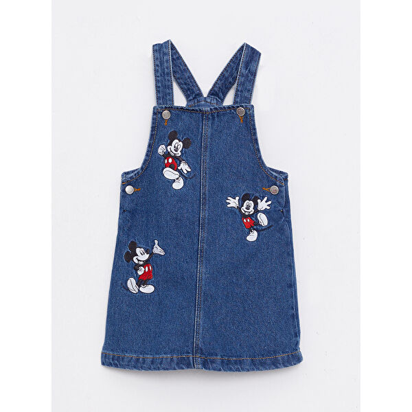 Kare Yaka Mickey Mouse Nakışlı Kız Bebek Jean Elbise