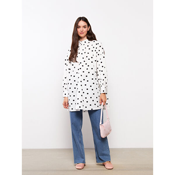 Dik Yaka Puantiyeli Uzun Kollu Poplin Oversize Kadın Tunik Dik Yaka Puantiyeli Uzun Kollu Poplin Oversize Kadın Tunik