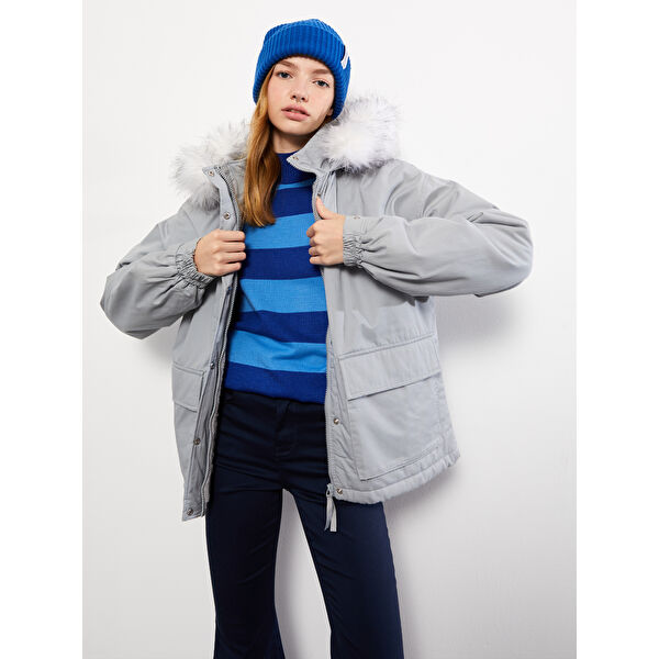 Kapüşonlu Düz Uzun Kollu Kadın Parka