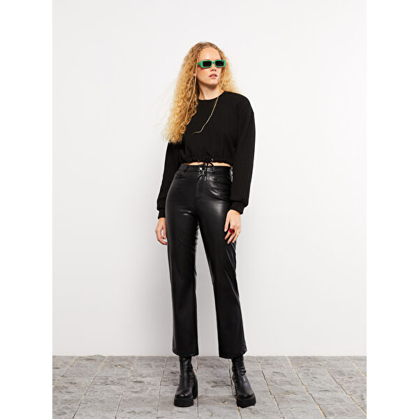 Bisiklet Yaka Kendinden Desenli Uzun Kollu Kadın Sweatshirt