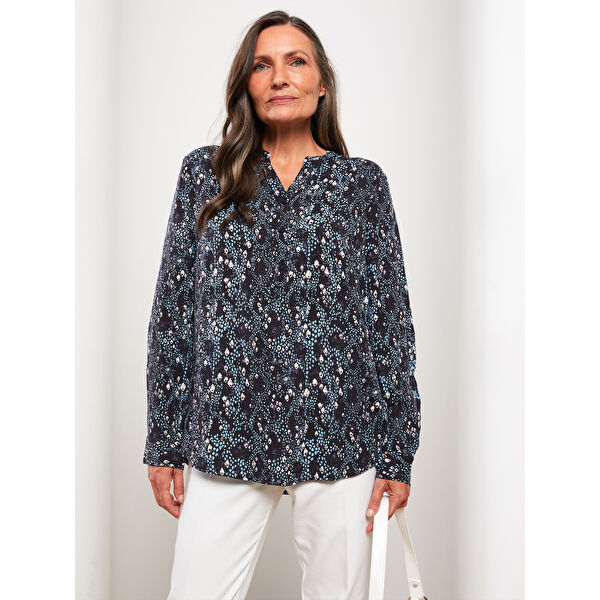 Kaçık Yaka Desenli Uzun Kollu Viskon Kadın Bluz