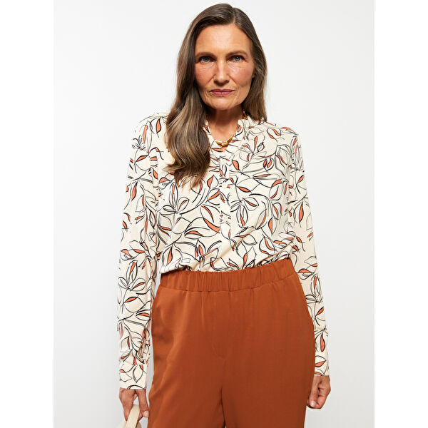 Kaçık Yaka Desenli Uzun Kollu Viskon Kadın Bluz