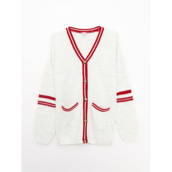 V Yaka Çizgili Uzun Kollu Kız Çocuk Triko Hırka V Yaka Çizgili Uzun Kollu Kız Çocuk Triko Hırka