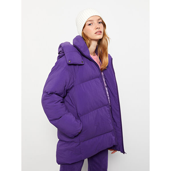 Kapüşonlu Düz Uzun Kollu Kadın Şişme Mont