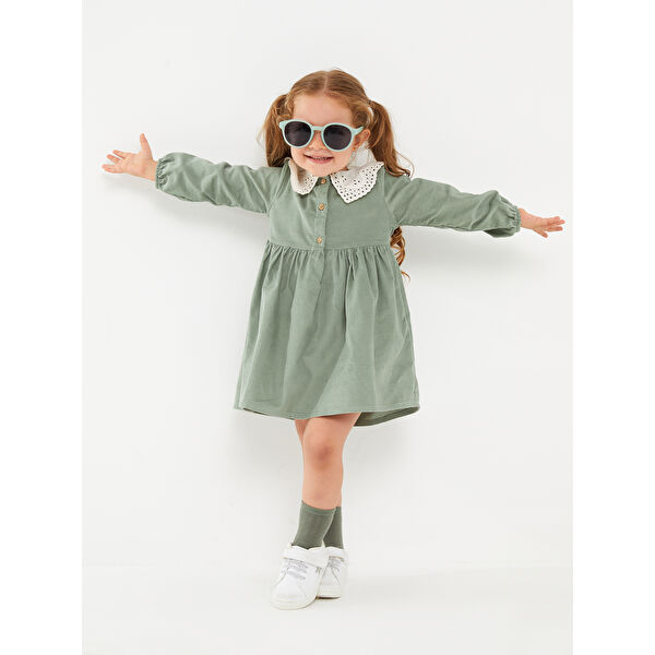 Bebe Yaka Uzun Kollu Kız Bebek Kadife Elbise