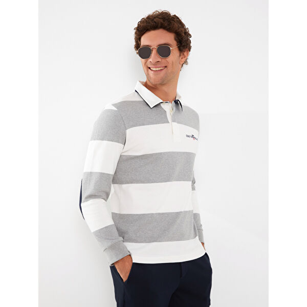 Polo Yaka Uzun Kollu Çizgili Erkek Sweatshirt